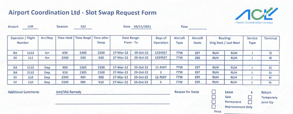 LHR S22 BA_SV REMEDY SLOT SWAP | Airport Coordination Limited
