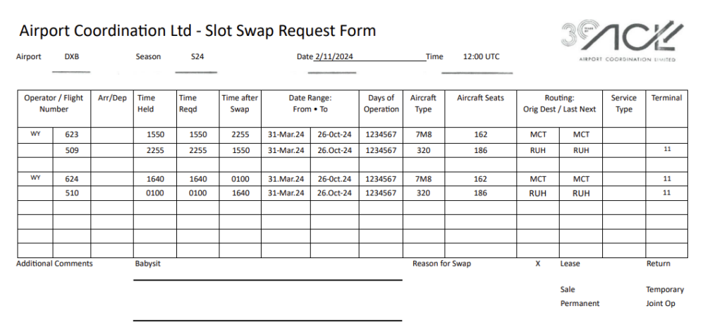 DXB S24 Slot Swap Request Form WY F3 | Airport Coordination Limited